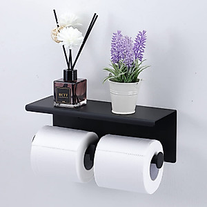 SCDGRW Matte Black Toilet Paper Holder with Shelf, 304 Stainless Steel Toilet Paper Holder Wall Mounted, Double Roll Tissue Holder Dispenser Bathroom Toilet Paper Holder