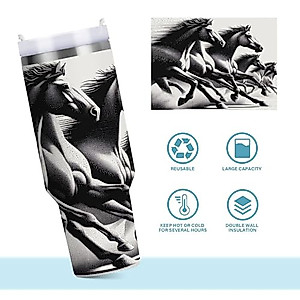 Maunzc 30 oz Tumbler with Handle and Straw, Insulated Stainless Steel Travel Mug with Lid for Coffee, Iced Tea, Water, Gift for Men Women (Horses Running Halftone)