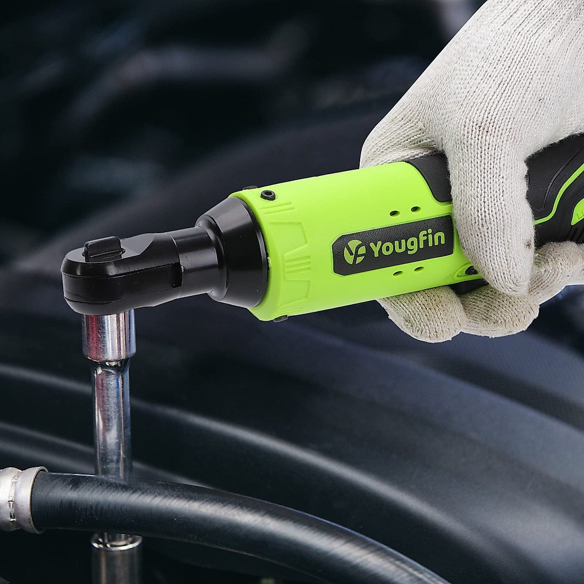 Yougfin Cordless Electric Ratchet Wrench Set, 40 Ft-lbs 12V Power Ratchet Kit with 60-Min Fast Charger, Variable Speed, 2 Packs 2000mAh Lithium-Ion Battery (3/8")