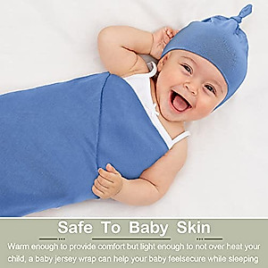 JaGely 2 Pack Baby Newborn Swaddle Blanket and Hat Set Large Stretchy Blankets with Soft Receiving for Boy Girl Essentials, Blue, Army Green, Hat: approx. 38 cm/ 15 inches in circumference