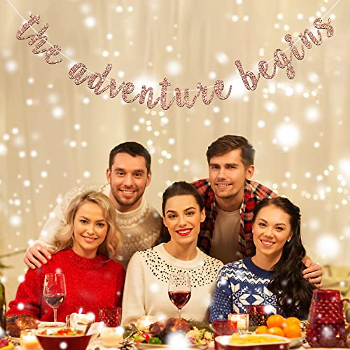 WeBenison The Adventure Begins Banner for Bridal Shower, Baby Shower, Engagement, Job Change, Farewell, Graduation Party Decorations Rose Gold Glitter Retirement Banner