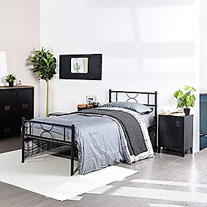 FurnitureR Twin Size Metal Slat Bed Frame Mattress Foundation, Heavy Duty Platform with Headborad and Under Bed Storage, No Box Spring Needed, Support Non-Slip, Black