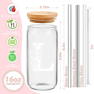 Personalized Tumbler, Monogrammed Can Glass Cups with Bamboo Lids and Straws, Customized Gifts for Women, Cute Design Initial Iced Coffee glasses, Custom Letter Mug, Birthday Bridesmaid, A