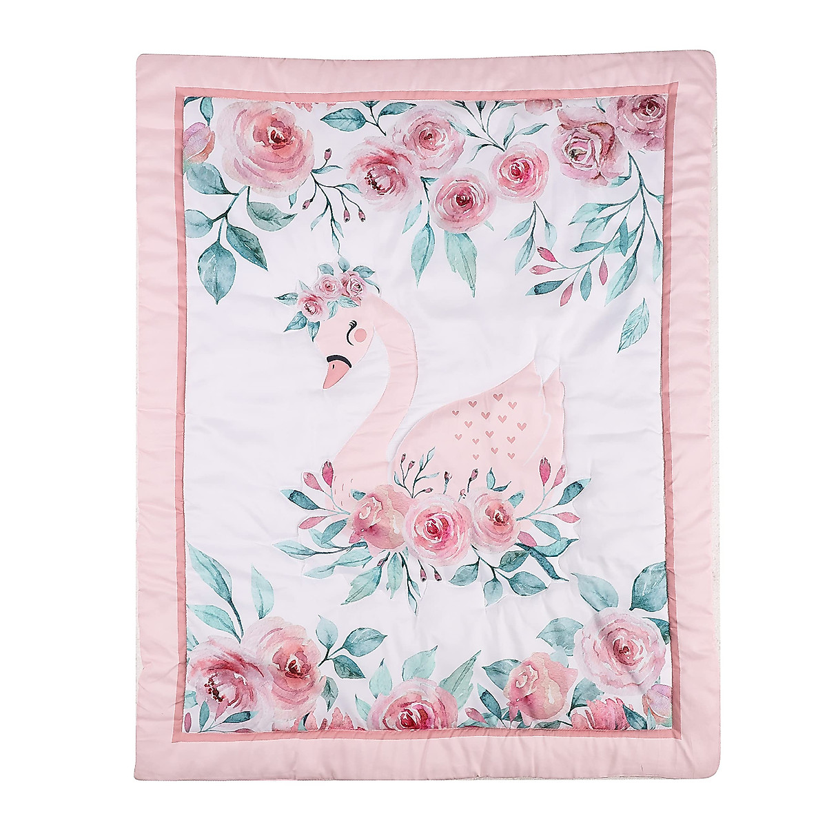 Pink Crib Sets for Baby Girls, Swan Crib Bedding Set by Sweet Baba, 5 PC Nursery Crib Set Includes Quilt/Fitted Sheet/Crib Skirt/Diaper Stacker/Blanket(Flower Theme)