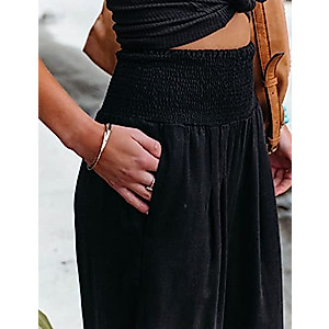 Zontroldy Cotton Linen Wide Leg Pants for Women Casual Elastic High Waist Smocked Palazzo Lounge Pants(0718-Black-XL)