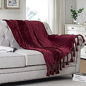 Homiest Fleece Throw Blanket with Fringe, Soft & Cozy Flannel Wine Red Throw Blanket, Lightweight Decorative Throw Blanket for Sofa Bed Chair All Season (Burgundy, 50 x 60 Inch)