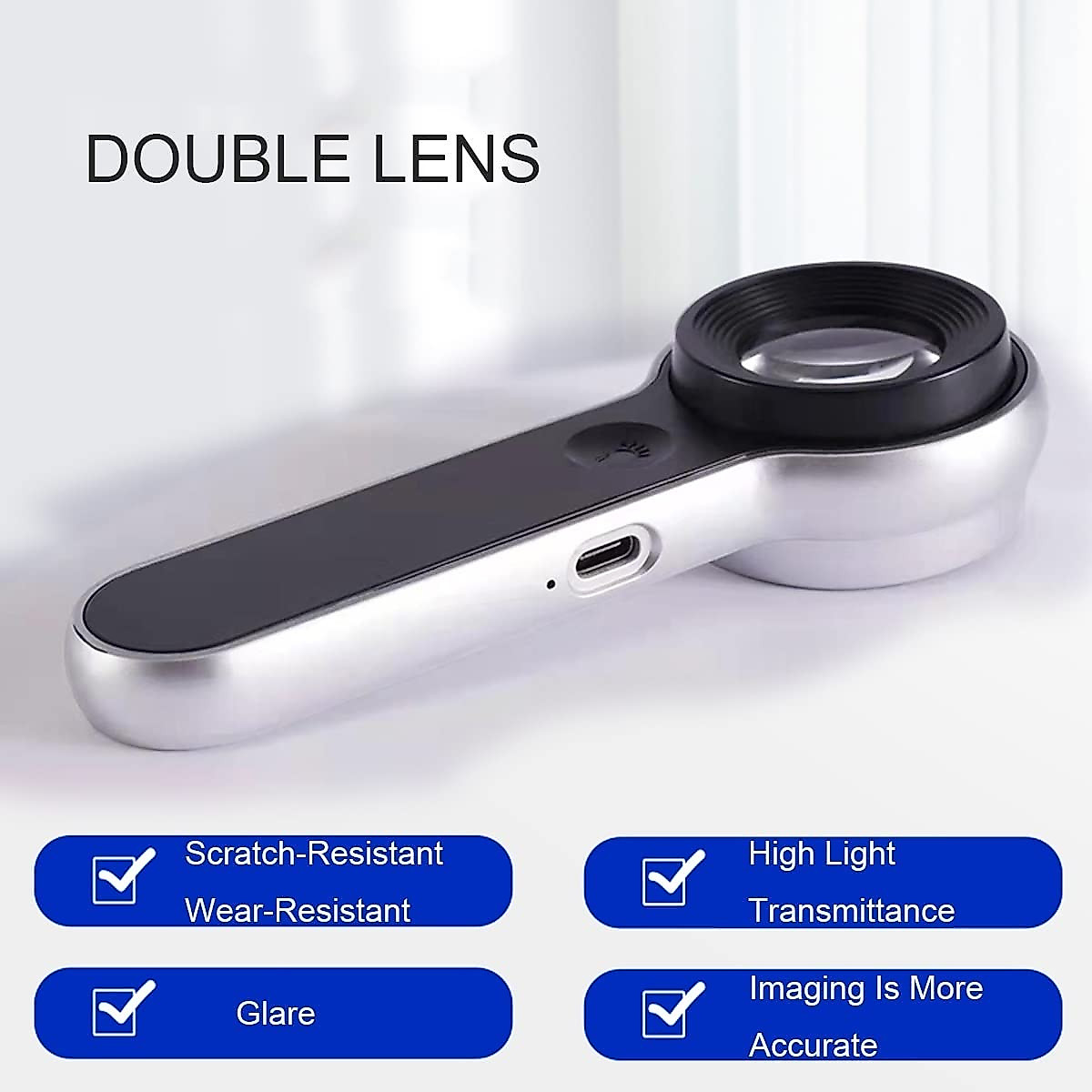 60X Handheld Magnifying Glass with Uv Light，Chargeable LED Illuminated Lighted Magnifier for Macular Degeneration, Seniors Reading, Soldering, Inspection, Coins, Jewelry, Exploring