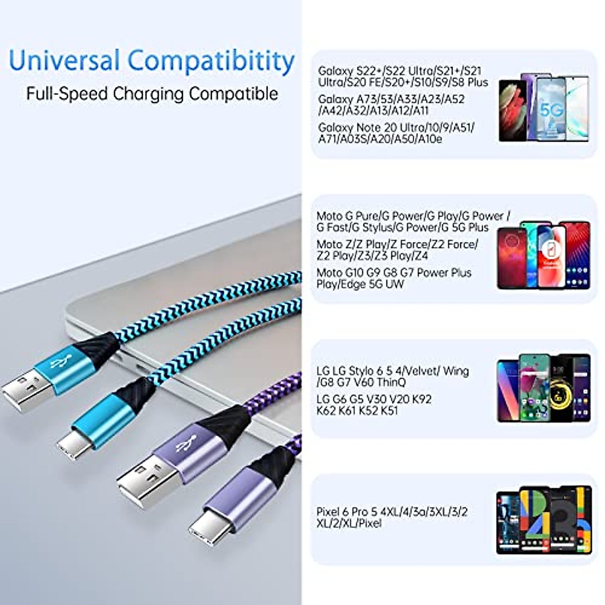 Android Auto USB C Cable Type C Charger USB Data Transfer Cable Fast Charging for Samsung Galaxy S23/A23/A14/A53/A03S/A13/A73/A52S/S22 Ultra/S21+/S21FE/S20/S10 Plus/S9/A10e/A51/A71/A33/A32, 3FT 2Pack