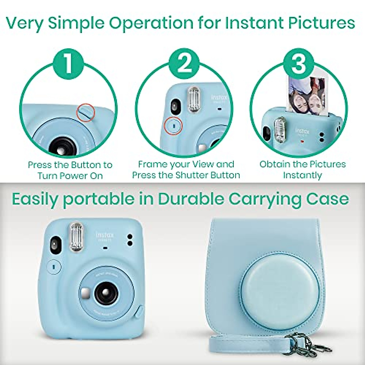 Fujifilm Instax Mini 11 Camera with Fujifilm Instant Mini Film (60 Sheets) Bundle with Deals Number One Accessories Including Carrying Case, Selfie Lens, Photo Album, Stickers (Ice White)