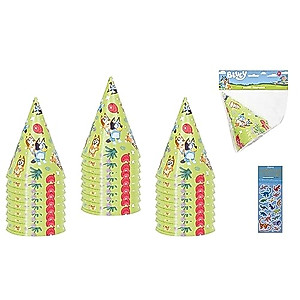 Unique Bluey Birthday Party Supplies Bundle includes 24 Party Hats and 1 Dinosaur Sticker Sheet