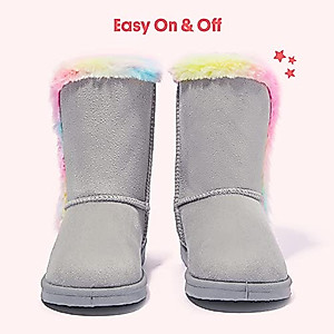 FabKids Faux Fur Lined Warm Winter Easy Slip On Boots (Toddler Little Kid Big Kid), Grey with Rainbow, Size 2