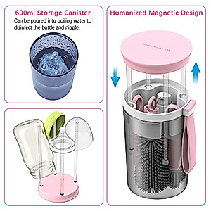 6 in 1 Baby Bottle Brush Set, Bottle Cleaner Kit with Silicone Bottle Brush, Nipple Brush, Straw Cleaning Brush, Soap Dispenser, Baby Bottle Drying Rack for Travel and Home Use (Pink)