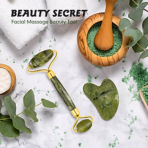 Jade Roller & Gua Sha Set, Face Roller, Cotify Anti-Aging Facial Roller, Natural Green Jade Beauty Massager Tool, Skin Care Tool for Face, Neck, Eye to Reduce Wrinkles and Relax Body Muscles