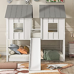 Polibi Twin-Over-Twin Wooden House Bunk Bed with Slide, Windows, Ladder and Guardrails, Twin Size White House Bunk Bed
