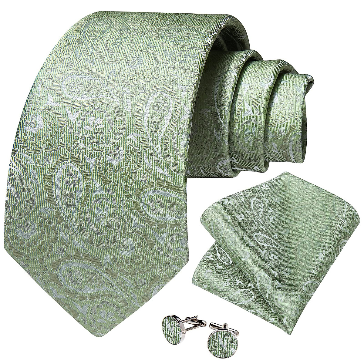 DiBanGu Men Light Green Floral Tie Sage Green Paisley Tie Pocket Square Set Silk Wedding Prom