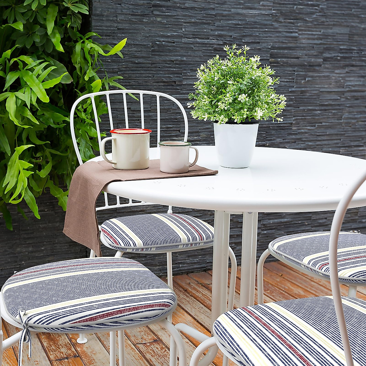 TWLEAR Indoor/Outdoor Chair Cushions 16x17 Inch, Patio Chair Cushions with Ties, All Weather Seat Cushions for Patio Furniture Home Garden Chair Use, Set of 4, Stripe Denim Blue