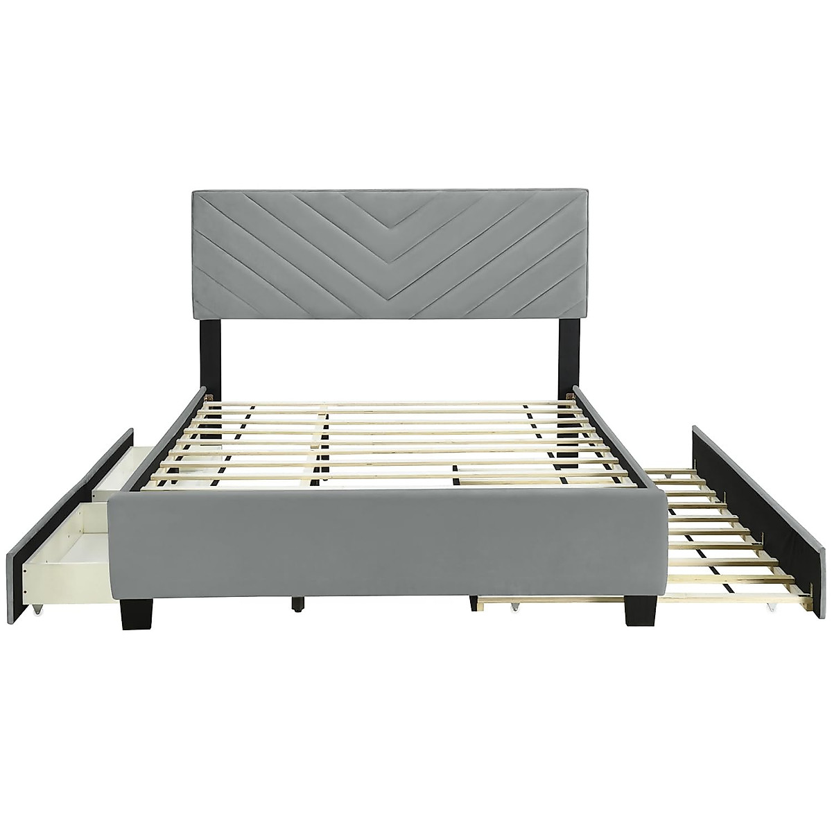 Linique Queen Size Upholstered Platform Bed with Headboard, Trundle and 2 Storage Drawers, Wooden Bed Frame, Grey