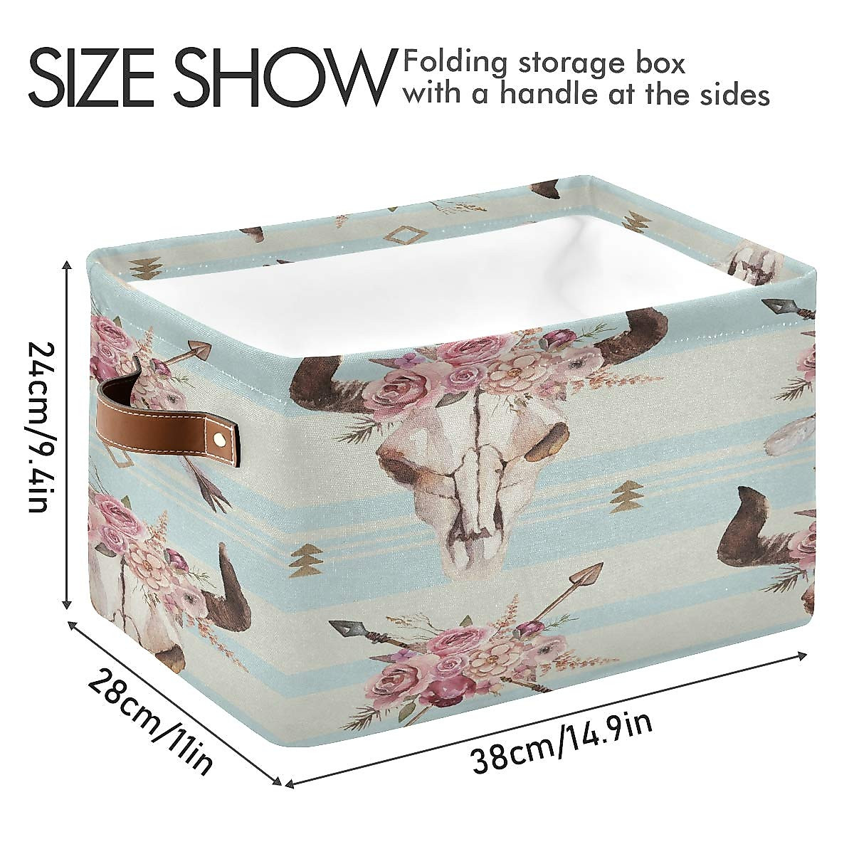 Collapsible Storage Bin Cube Floral Flower Animal Cow Skull Laundry Basket Hamper Toy Cloth Organization Bag with Handle for Pantry Nursery Home Office Shelve,2 PCS
