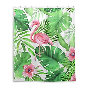 WELLDAY Palm Leaves Flamingo Shower Curtain Bathroom Decor Waterproof Fabric Shower Curtains with Hooks 60x72 Inch