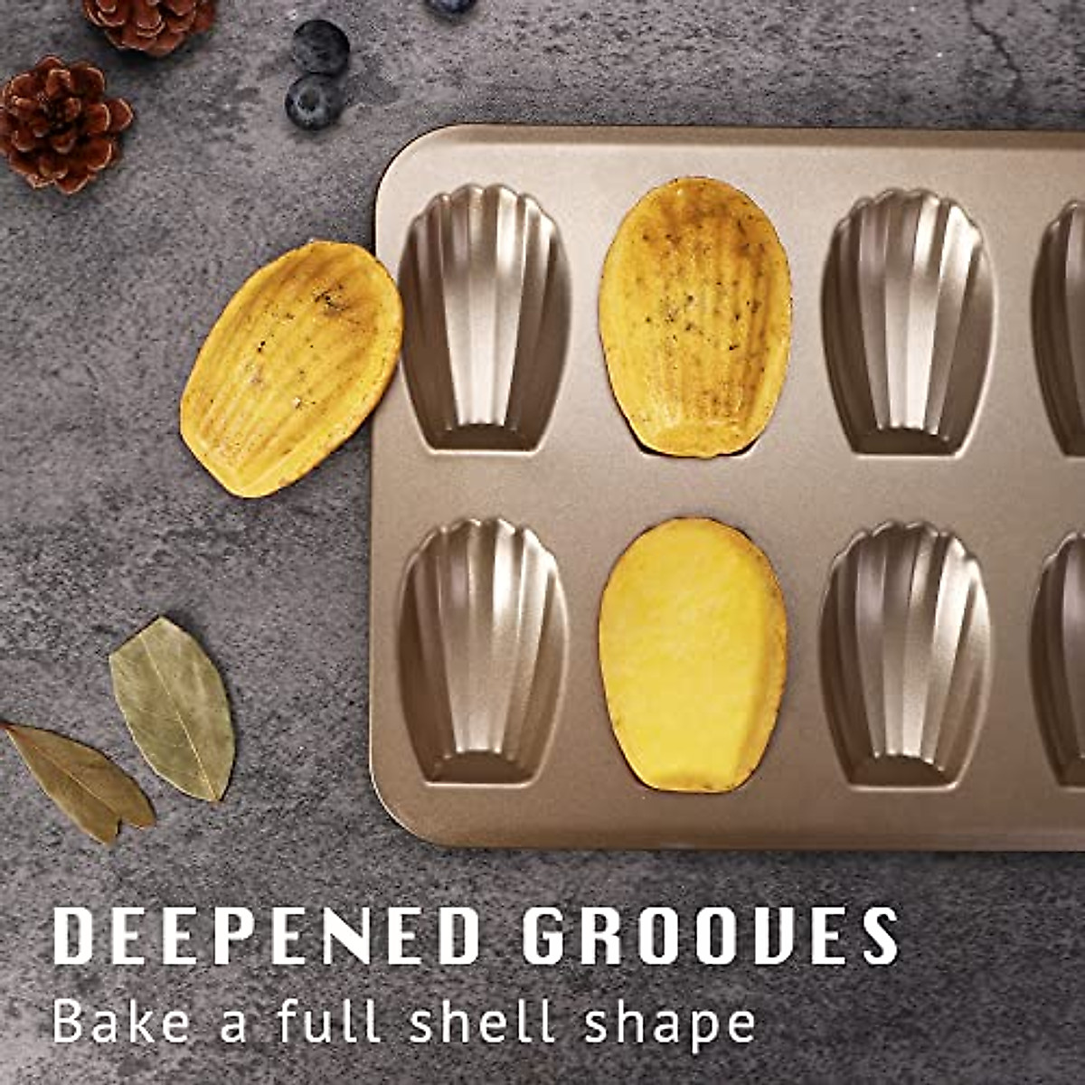 HONGBAKE Nonstick Madeleine Pan 2 Pack 12-Cavity Heavy Duty Madeleine Cookies Trays for Oven Baking, Warp Resistant Shell Shape Madeleine Mold Cake Pan, Champagne Gold