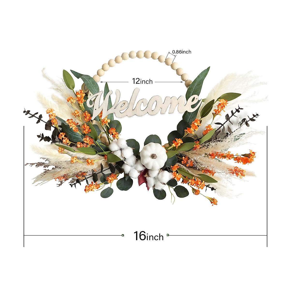TEMPUS 16" Spring Wooden Bead Wreath Forsythia Pumpkin Wreath with Welcome Sign for Front Door Decorations Farmhouse Decorations