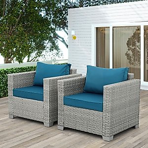 WAROOM Outdoor Sofa Wicker Patio Chairs Set of 2, Porch Single Chair Grey Rattan Deep Seating Armchair Balcony Furniture with Peacock Blue Cushion