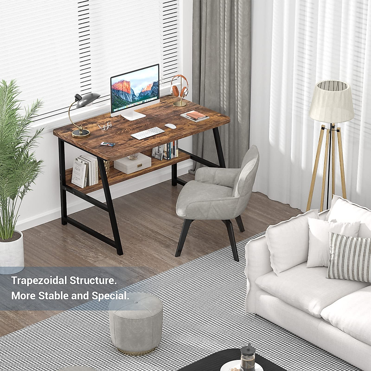 Topfurny Computer Desk 32 Inch Modern Sturdy Writing Desk with Bookshelf Study Table Desk with Metal Legs Industrial Table for Home Office for Small Space, Rustic Brown