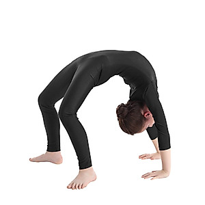 QinCiao Children's Girls Spandex Gymnastics Full Length Bodysuit Jumpsuit Long Sleeve Catsuit Unitard Dance wear Leotard Black 11-12