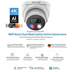 VIKYLIN 8MP IP POE AI Camera, Active Deterrence, 4K @30fps 98ft Night Color Vision F1.0,Vehicle & Human Detection, 2-Way Audio,SD(256GB),IP67 Security Wizsense Outdoor Turret Camera(GK3849)