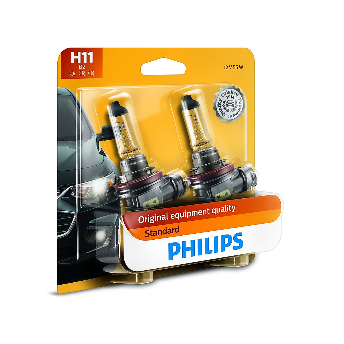 PHILIPS - 12362B2 H11 Standard Halogen Replacement Headlight Bulb, 2 Pack