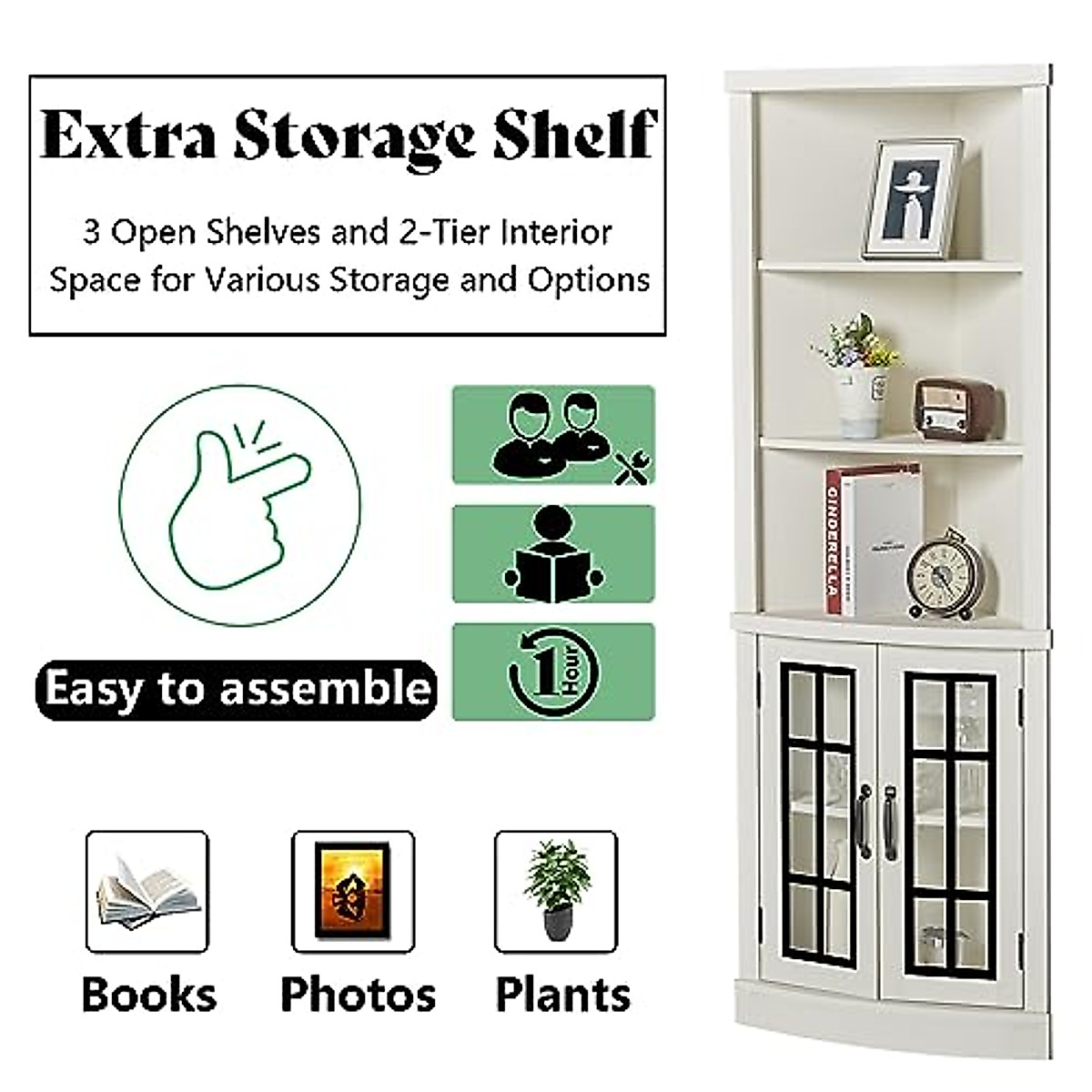 AMERLIFE Curved Corner Storage Cabinet, 65'' Tall Freestanding Bookcase with Glass Doors & Adjustable Shelves, 5-Tier Corner Display Cabinet for Living Room, Distressed White (CSC128B)