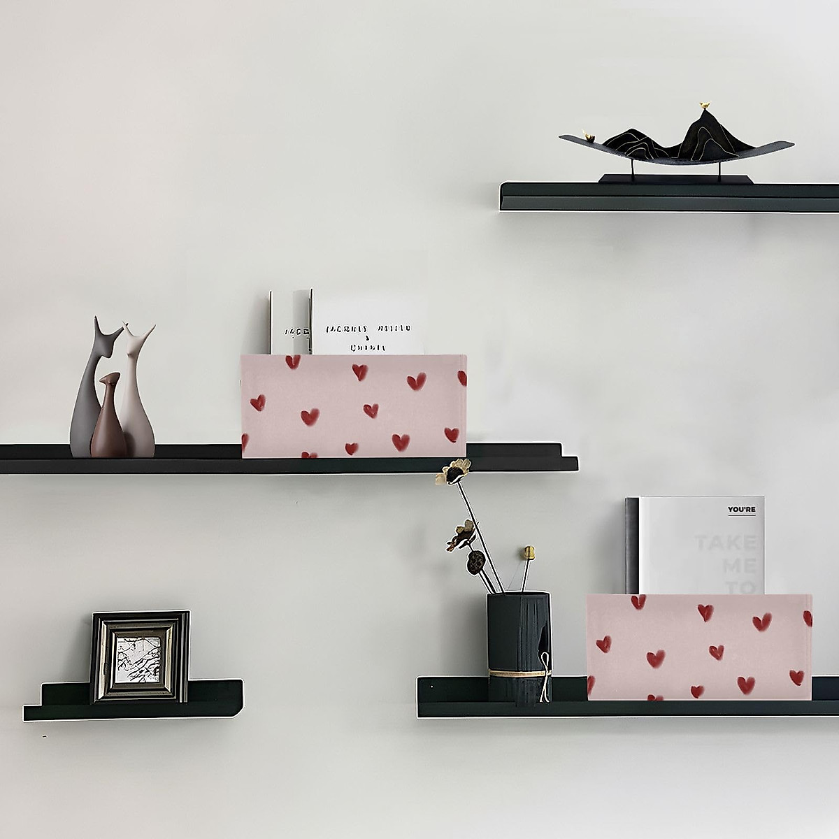 Storage Basket Toy Baskets Hearts Pastel Pink Red Valentines Day Foldable Fabric Storage Bin Rectangle Organiser for Office, Bedroom, Laundry, Living Room,Set 2…