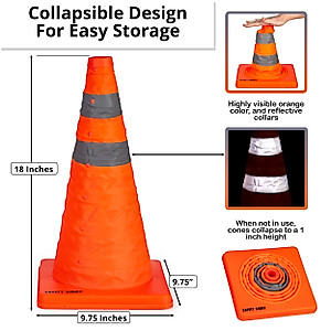 Multipurpose 4-Pack Traffic Cones 18 Inch Plus 1,000 Ft Yellow Caution Tape - Collapsible Pop-Up Safety Cones with Bright Reflective Collars - Ideal Orange Cones for Parking Lot, Driving & Training
