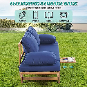 Yewuli Wooden Outdoor Futon Sofa, Couch with Adjustable Armrest,Convertible Outdoor Sofa Daybed with Expandable Plate,Acacia Wood Expandable Sofa with Cushions and Pillows for Backyard, Balcony,Patio