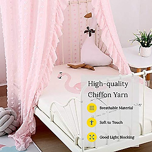 Kids Bed Canopy for Girls, Pink Crib Canopy Princess Hanging Children Canopy Tent, Toddler Girl Canopy Bed Netting for Baby Room Bedroom Reading Nook, Macrame Lace Boho Nursery Canopy with Pom Pom