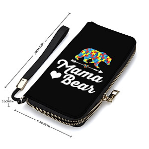 Mama Bear Autism Awareness PU Leather Vertical Wallet Zipper Long Clutch Purse Fashion Handbag with Wristlet Strap for Women
