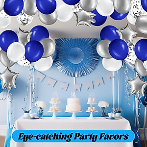 Sratte 60pcs Balloons Kit 12 Inch Confetti Balloons with 2 Rolls Ribbon Latex Balloon Party Favor Metallic Balloons for Birthdays Baby Shower Wedding Graduation Decorations (Royal Blue, White, Silver)
