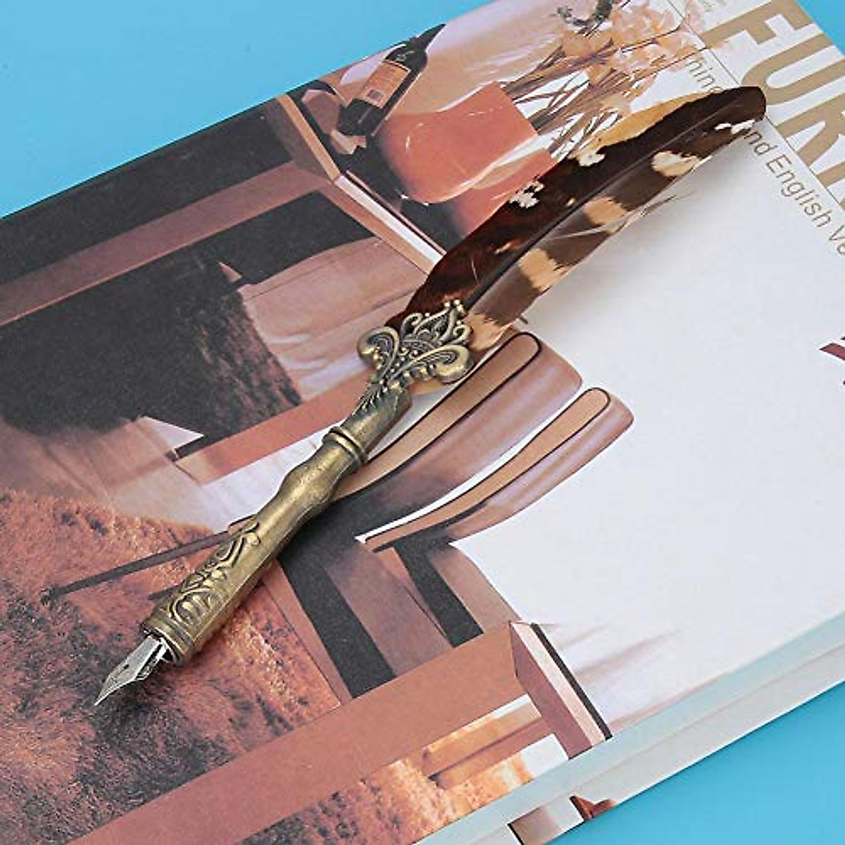 Wal front Quill Pen, European Retro Style Dip Pen Calligraphy Pen Set with 5pcs Stainless Steel Nibs Office Writing Instrument