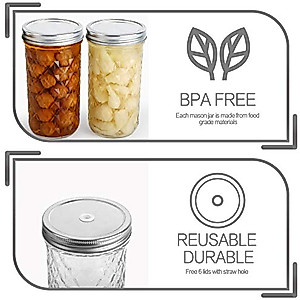 VERONES Wide Mouth Mason Jars 22 oz, 22 OZ Mason Jars Canning Jars Jelly Jars With Wide Mouth Lids, Ideal for Jam, Honey, Wedding Favors, Shower Favors, 6 PACK,EXTRA 6 Lids with Straw Hole