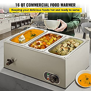 Commercial Food Warmer 110V, 3-Pan Electric Steam Table, Stainless Steel Buffet Bain Marie 16 Quart for Catering and Restaurants