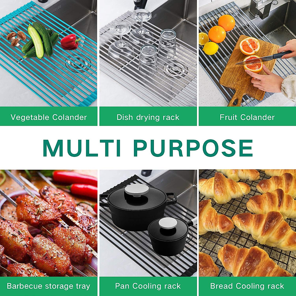 Roll Up Rack, Collapsible Dish Drying Rack-In The Sink Drying Mat-Multipurpose Dish Drainer-Rv Dish Drying Rack-Fruits and Vegetable Rinser-Durable Silicone Covered Stainless Steel Black, TECI TCF001B