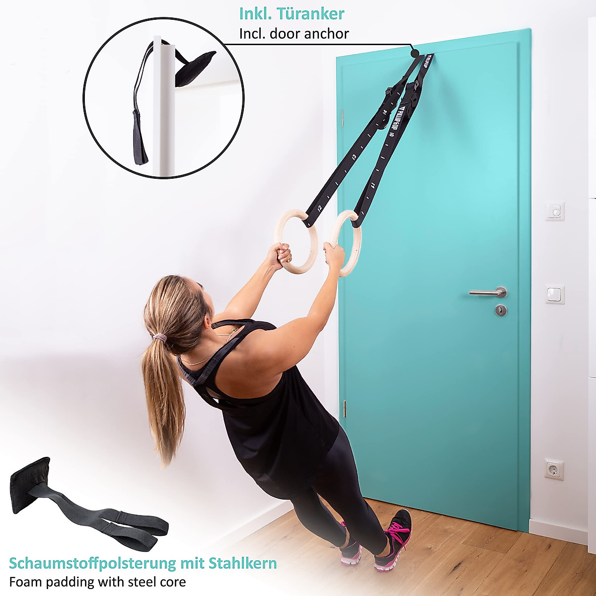 PULLUP & DIP Premium Gymnastic Rings, Wooden Gym Rings for Calisthenics - Wide Straps with Length Markings + Door Anchor + Carry Bag + Exercise Guide, Calisthenics Rings