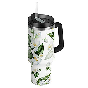 Yasala Car Tumbler with Handle White Flower Green Leaves Travel Mug Coffee Cup Insulated Beverage Container Mega Cup for Hot Cold Drinking Thermos Water Bottle Cupholder Friendly 40 oz