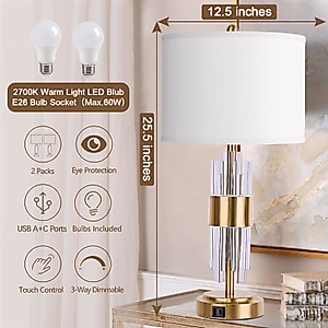QiMH Table Lamp for Living Room with USB A+C Ports, Gold Bedside Lamps for Bedrooms Set of 2 with Touch Control, Modern Nightstand Lamp White Lamp Shade Home Office Decor (2700K LED Bulb Included)