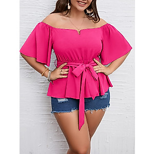 SCOMCHIC Women's Plus Size Off The Shoulder Peplum Blouse Top Half Bell Sleeve Tie Waist Ruffle Hem Babydoll Tops Rose Red