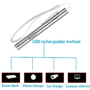 yuentoen Pen Light Flashlight, Rechargeable LED Super Bright Flashlight with Stainless Steel Clip and USB Cable for Home Camping Outdoor and Emergency - Silver