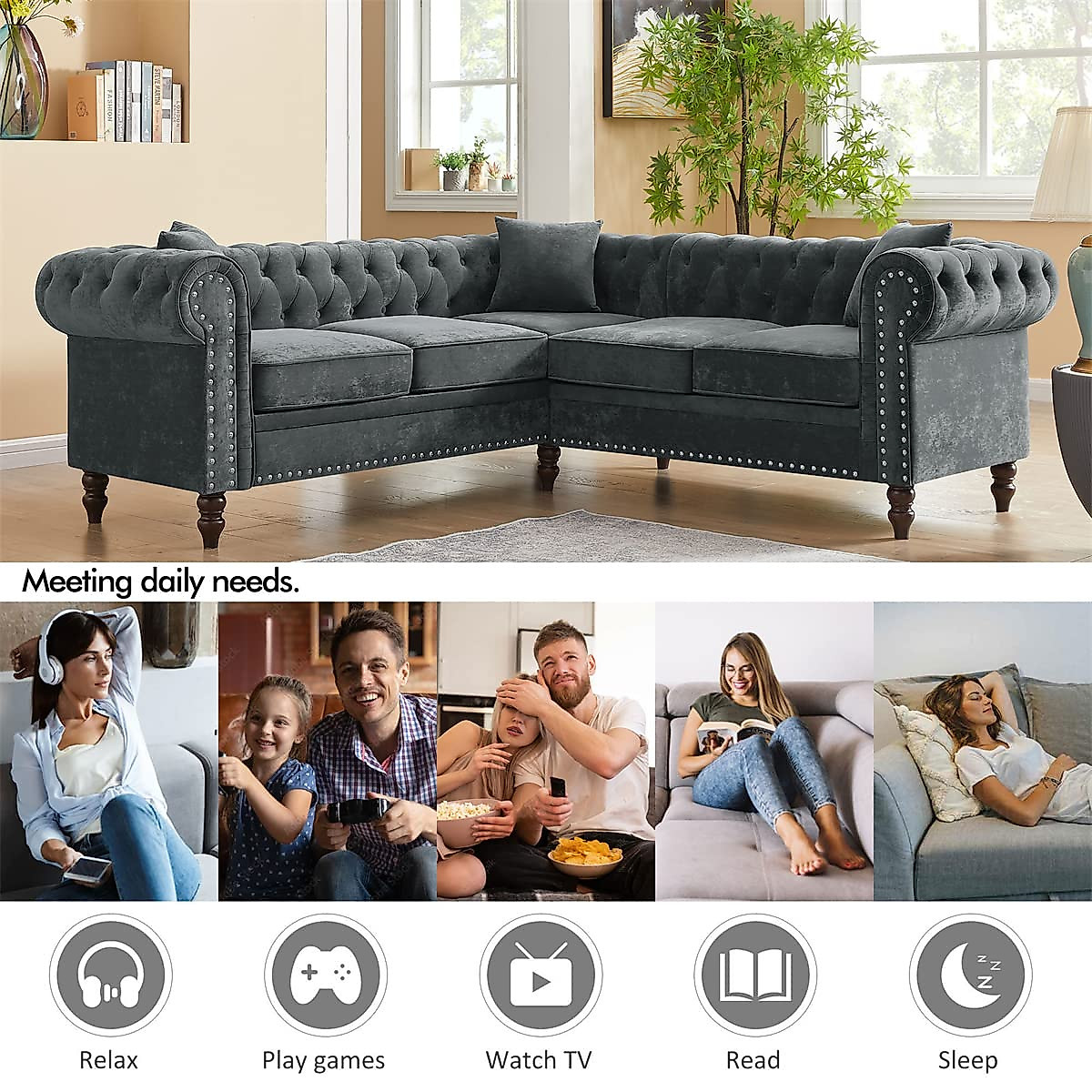 LKTART 80" Luxury Classic Chesterfield L-Shaped Sofa Button Tufted Roll Arm Solid Wood Legs 3 Pillows Included for Living Room