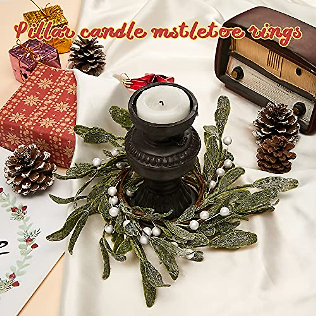 5 Pieces Pillar Candle Rings Wreaths Artificial Mistletoe Wreaths with Pearl Accents Country Primitive Candle Lambs Ear Wreath for Wedding Table Party Home Decor, 3.1 Inch Inner Diameter