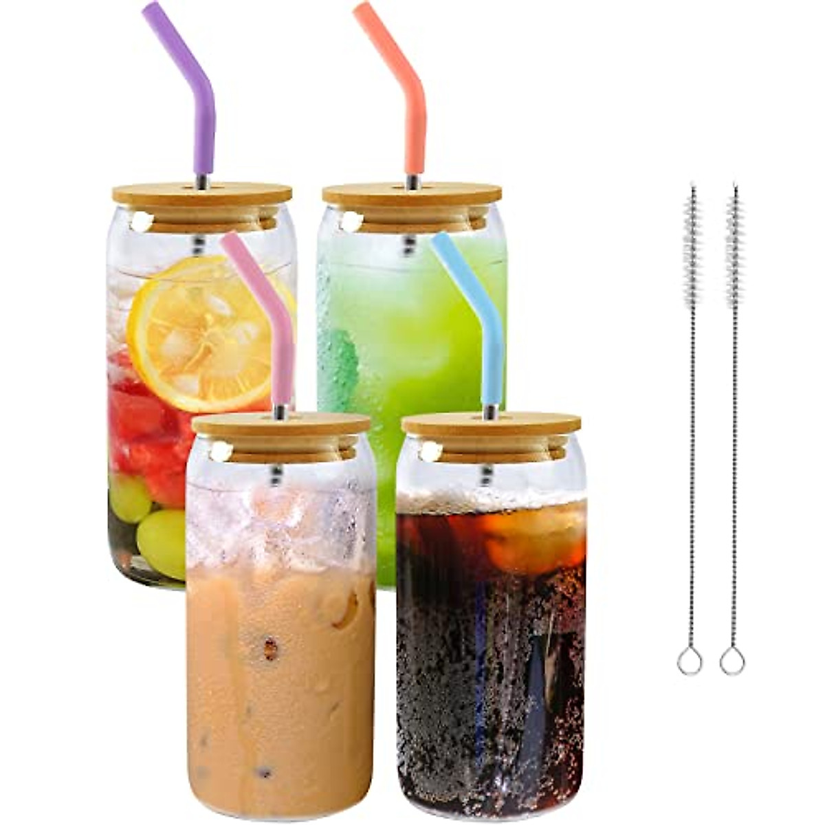 AUGOSTA Beer Can Glass with Lids and Straw, 16 oz Reusable Drinking Glasses Tumbler, Free 4 Bamboo lids, 4 Stainless Steel Straw with Colored silicone plug, 2 Cleaning Brush, 4 Pack