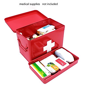 Funly mee Vintage First aid Box for Home, Medicine Tin, Red Metal Medicine Storage Box (Large 12.6× 8.3×7.7 inches)